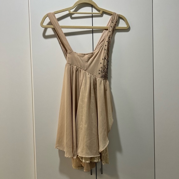 Dresses | Elegant Tan Dress With Beaded Back Design | Poshmark